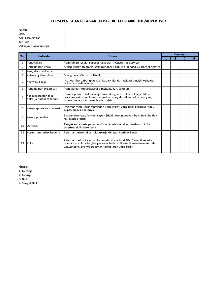 Form Penilaian Interview CS | PDF