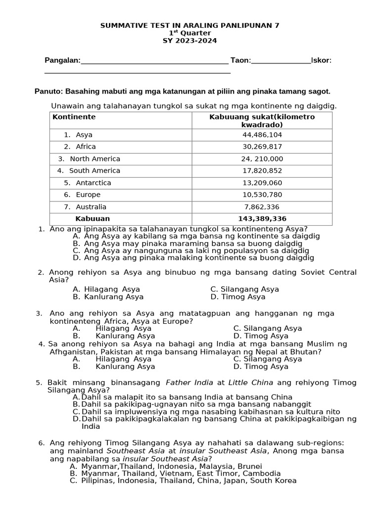 Araling Panlipunan - Grade 7_Summative Test | PDF