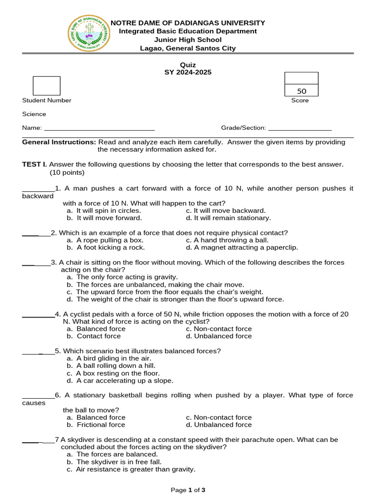 3rd Mastery Test Quiz BLANK - Copy | PDF | Force | Friction