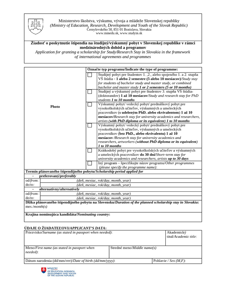 Žiadosť o Poskytnutie Štipendia Na Študijný/výskumný Pobyt V Slovenskej Republike V Rámci ...
