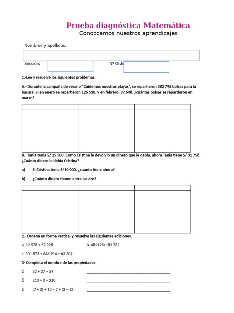 Prueba Diagnóstica de Matemáticas | PDF