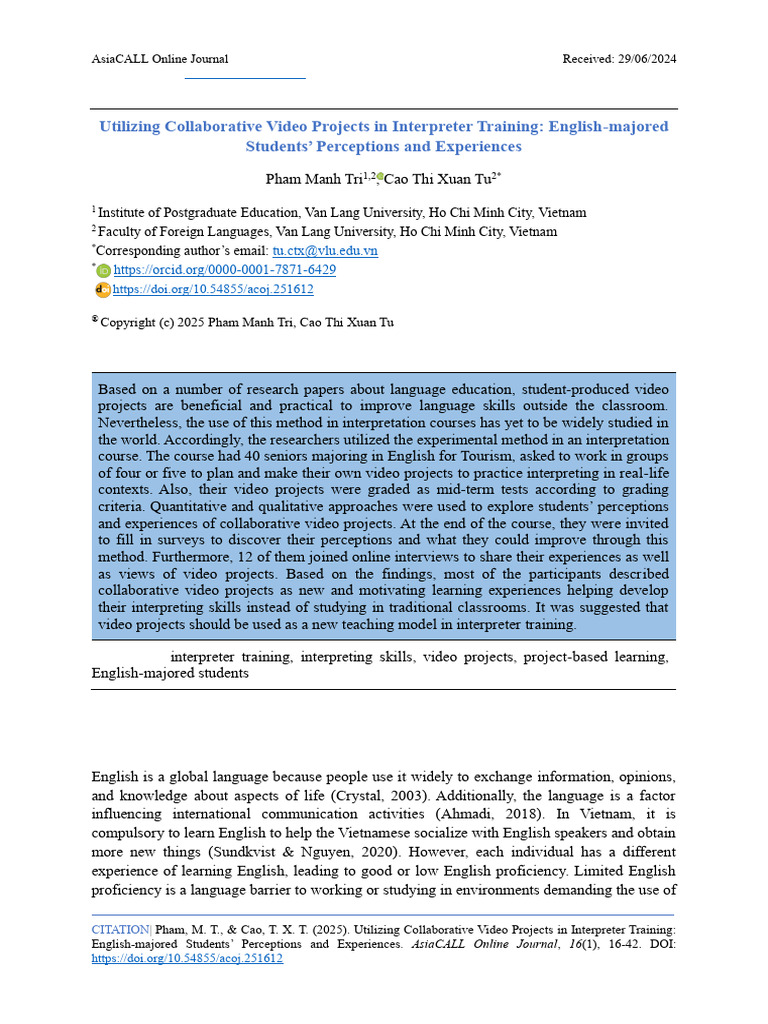 Utilizing Collaborative Video Projects in Interpreter Training. English-Majored Students ...