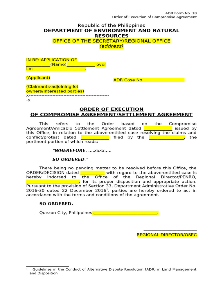 ADR Form No. 018 Order of Execution of Compromise Agreement | PDF