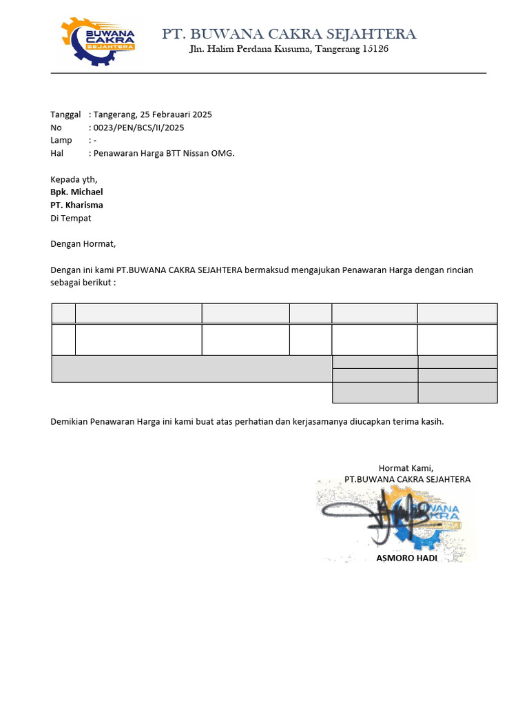 Surat Penawaran Harga Btt Pt. Kharisma | PDF