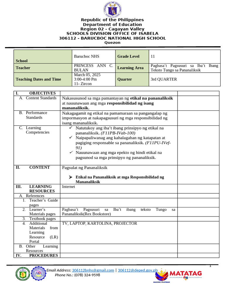 DLL For Classroom Observation March 05, 2025 | PDF