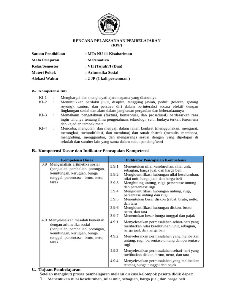 RPP MTK SMP Aritmetika Sutopo | PDF