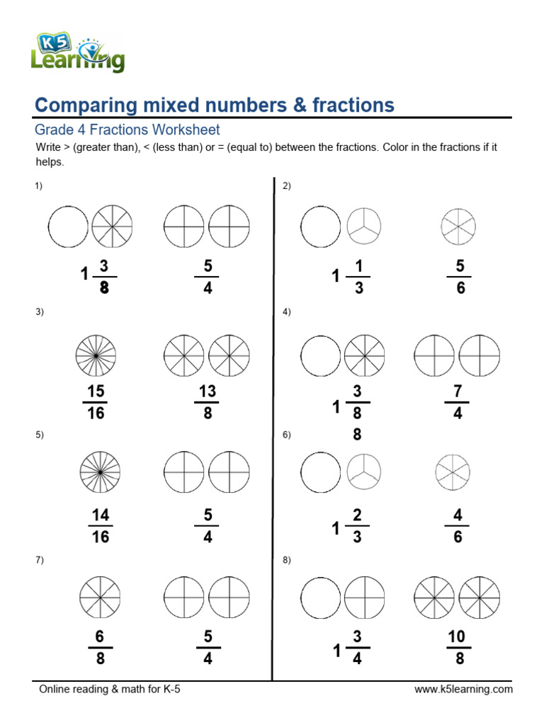 Grade 4 Comparing Mixed Numbers and Fractions A | PDF