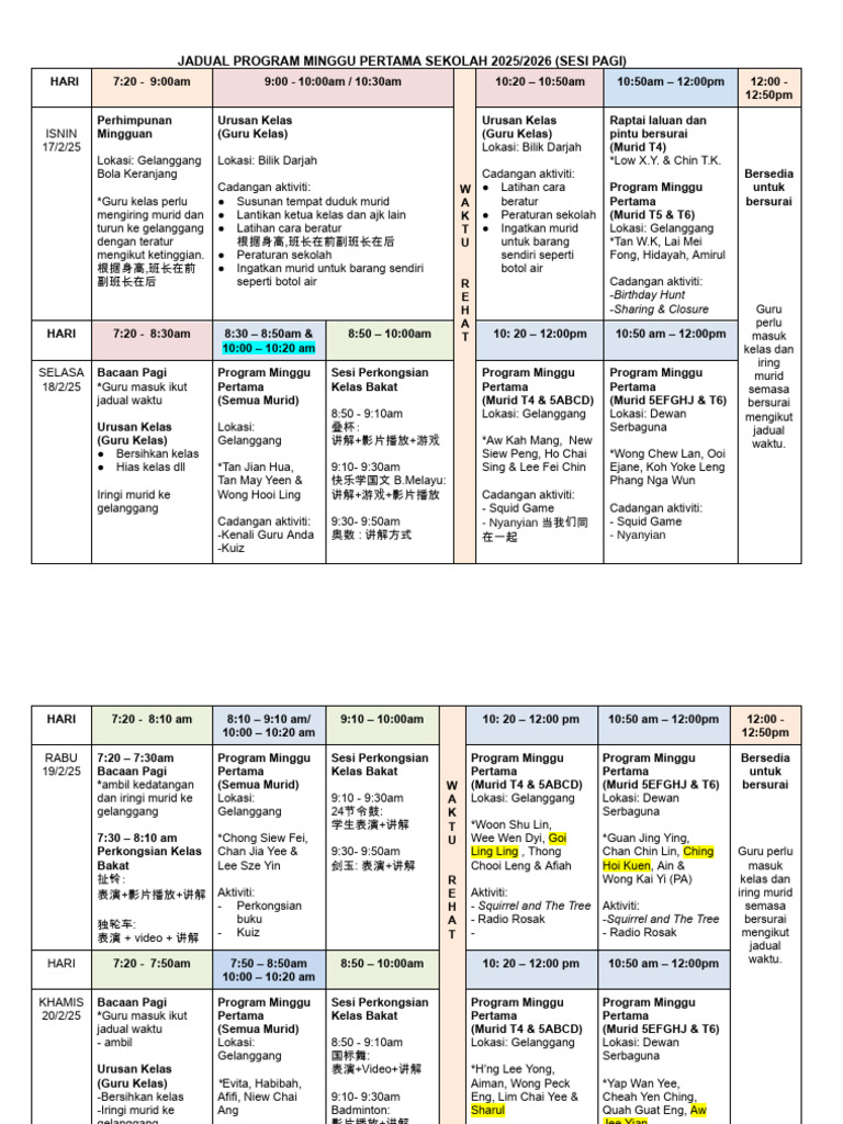 Jadual Program Minggu Pertama Sekolah 2025 Terbaru | PDF