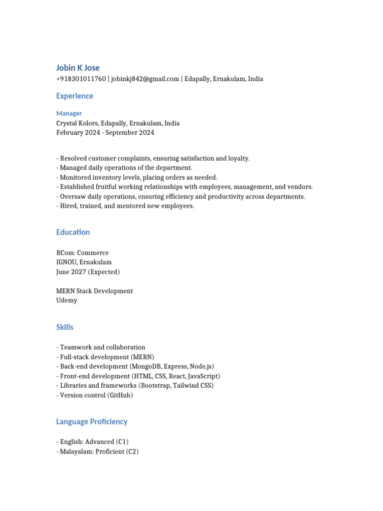 Jobin K Jose Resume | PDF