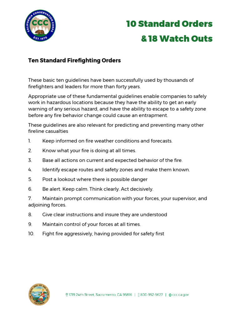 CCC 10 Standard Firefighter Orders and 18 Watch Out Situations | PDF