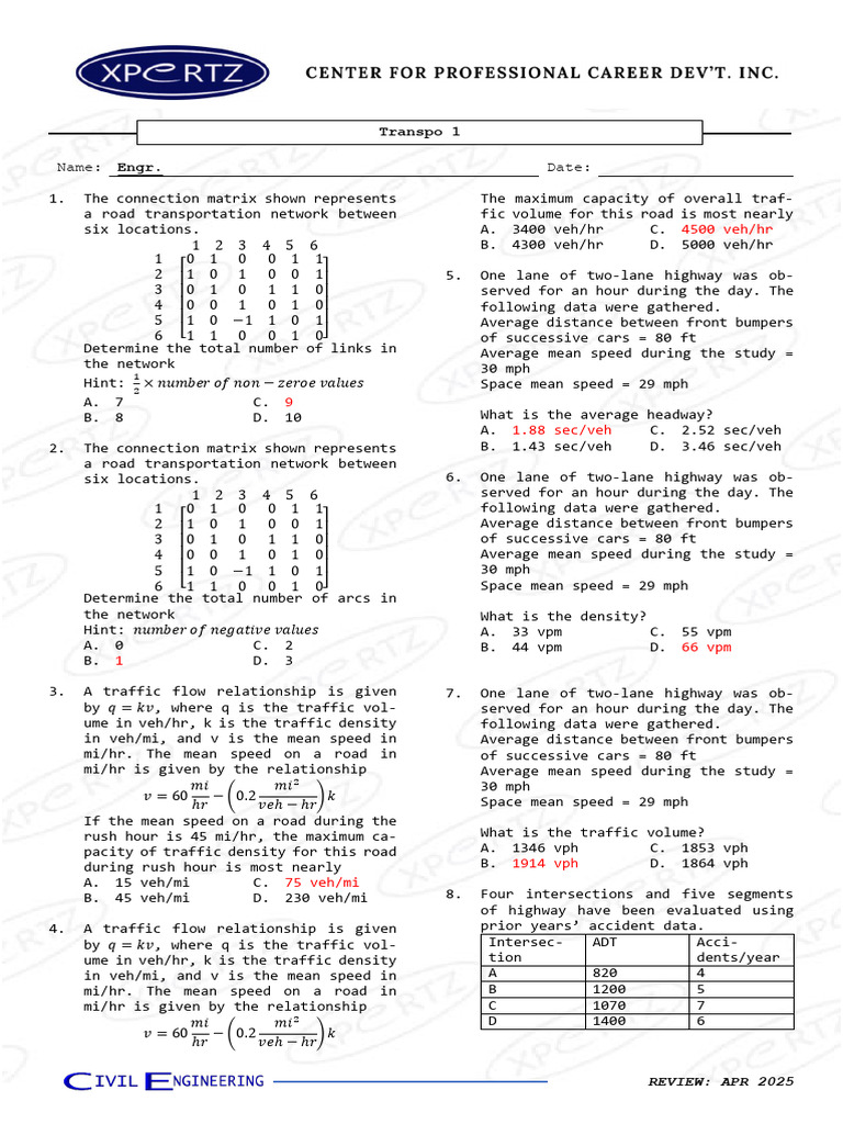 OK Transportation Engineering 1 - Practice Problems | PDF | Traffic | Road Surface