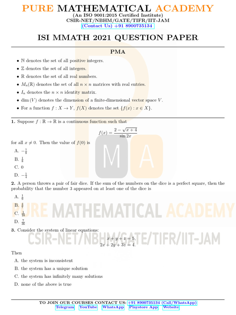 ISI MMath 2021 Questions - Pure Mathematical Academy | PDF ...