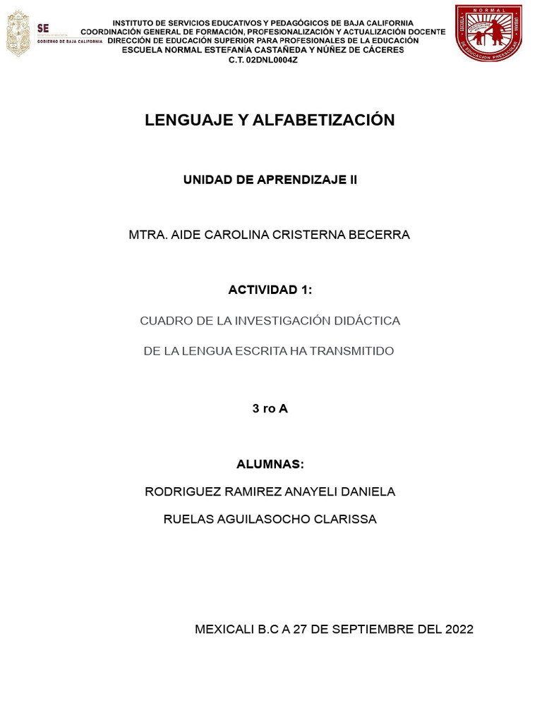 Actividad 1 de Lenguaje UNIDAD 2 | PDF | Enseñando | Aprendizaje
