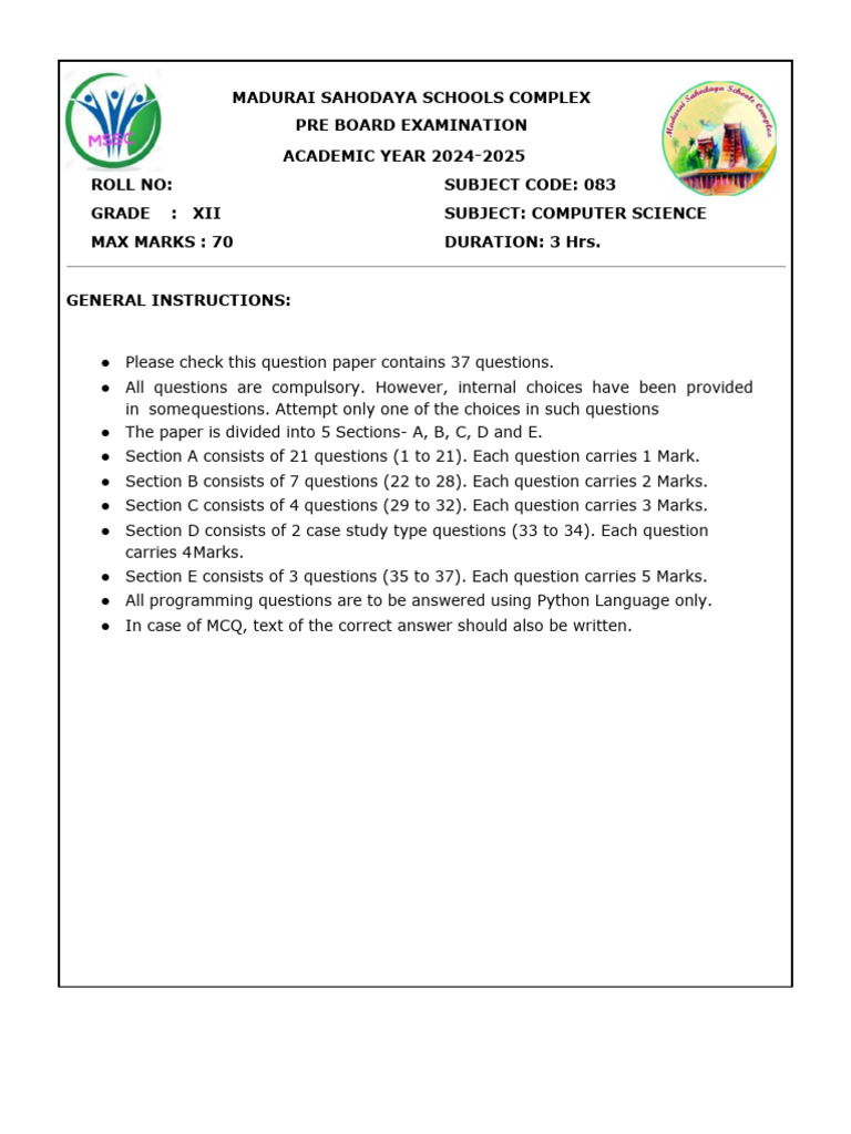 12 CS MADURAI SAHO SET 1 MS - New | PDF | Computing | Computer Programming