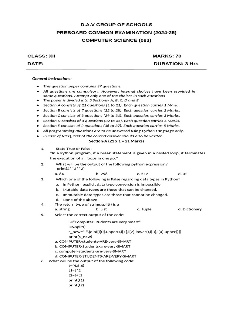 Preboard Class12 ComputerScience QP | PDF | Computer Network | Comma Separated Values