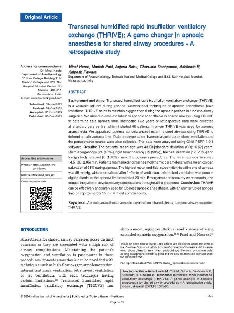 THRIVE in Apnoeic Anaesthesia: Study Results | PDF | Anesthesia | Apnea