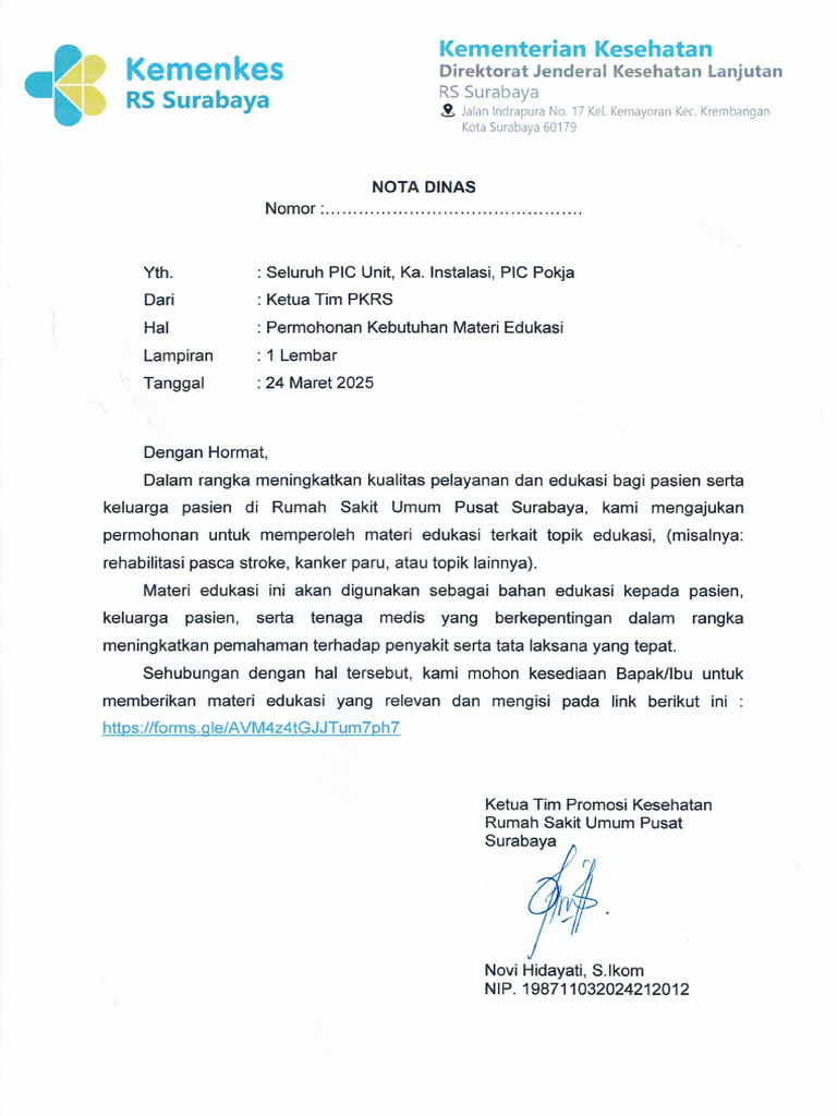Nota Dinas Permohonan Materi Edukasi | PDF