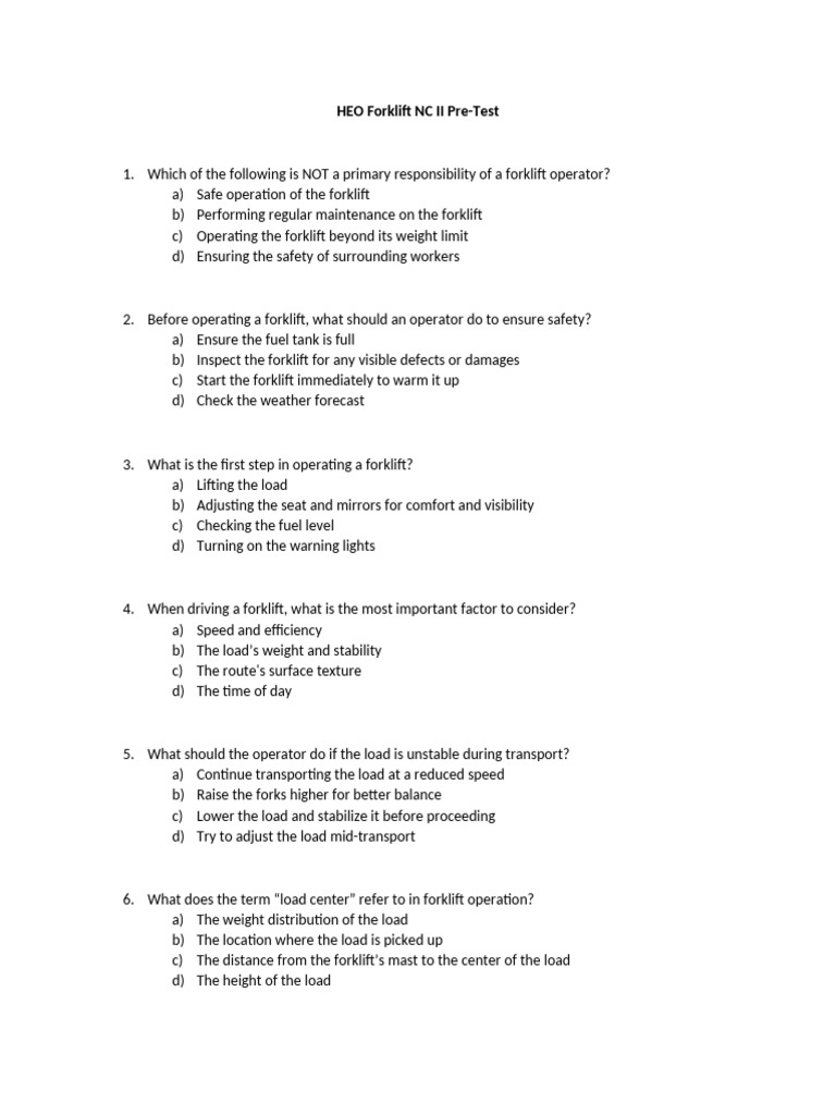 HEO Forklift NC II Pre-Test Questions | PDF | Forklift | Land Transport