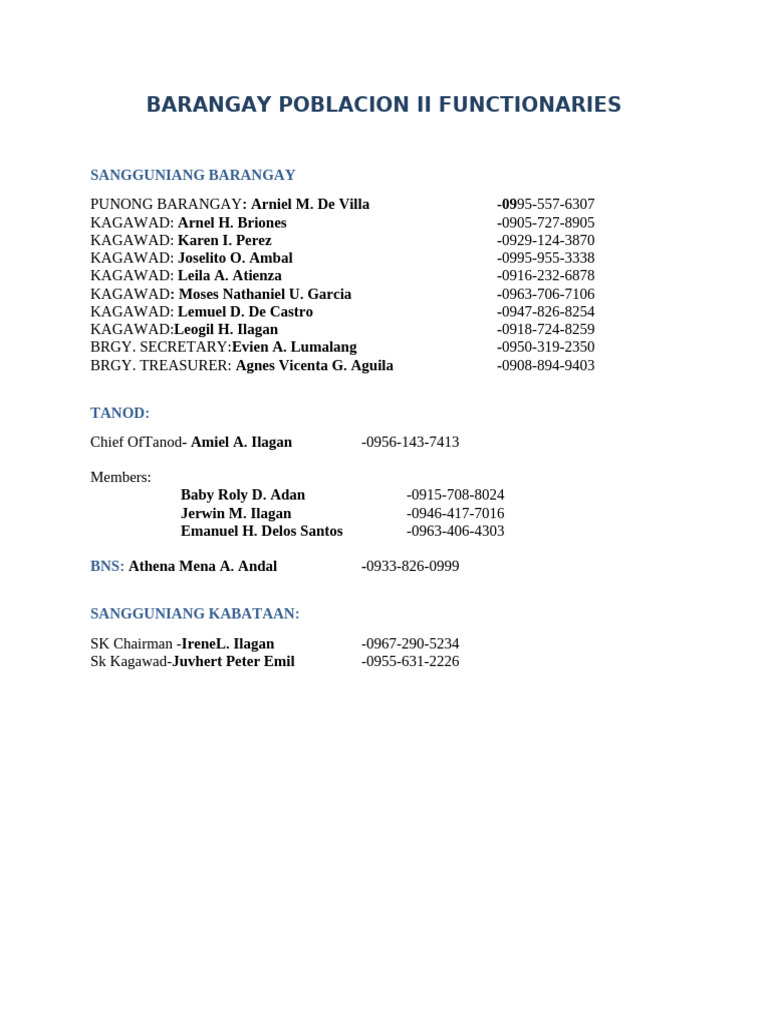 Barangay Poblacion Ii Functionaries 2024 | PDF