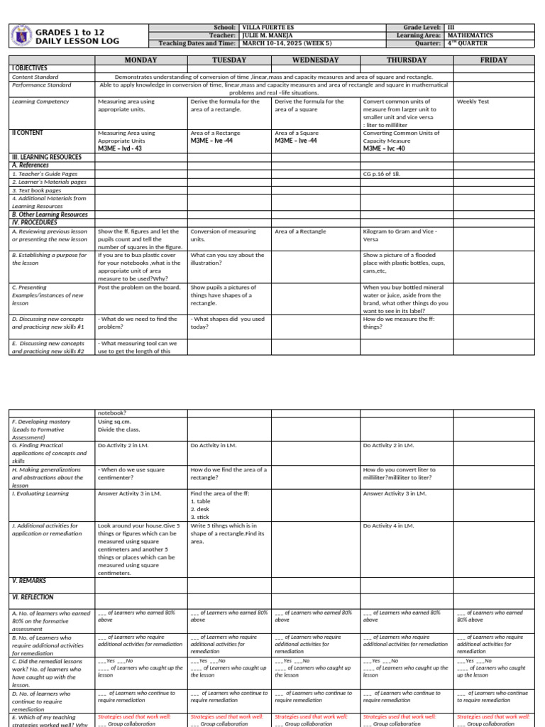 DLL_MATHEMATICS 3_Q4_W5 | PDF | Area | Learning