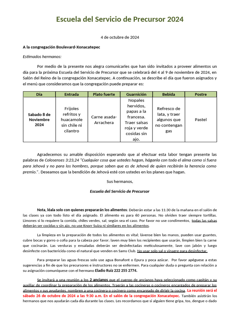 Carta A La Congregación Que Provee El Alimento Esp 1 | PDF | Alimentos ...