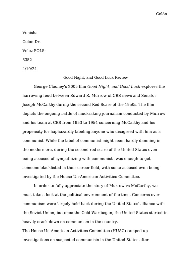 Good Night and Good Luck Film Review | PDF | Mc Carthyism | Political ...