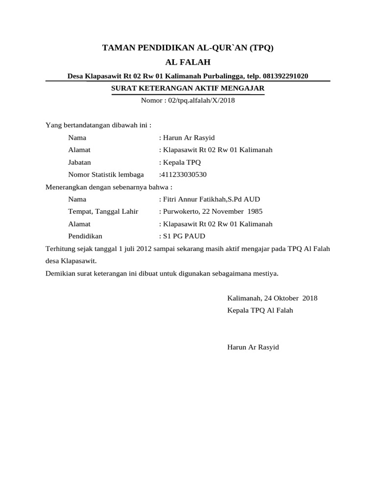 Surat Ket Aktif TPQ | PDF
