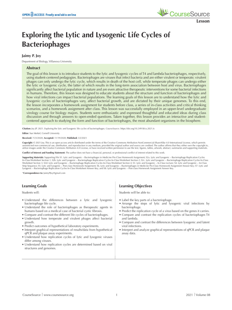 Exploring The Lytic and Lysogenic Life Cycles of B | PDF | Bacteriophage | Gene