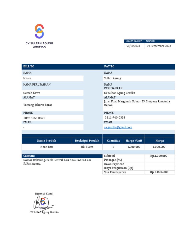 Invoice CV Sultan Agung Grafika 2023 | PDF