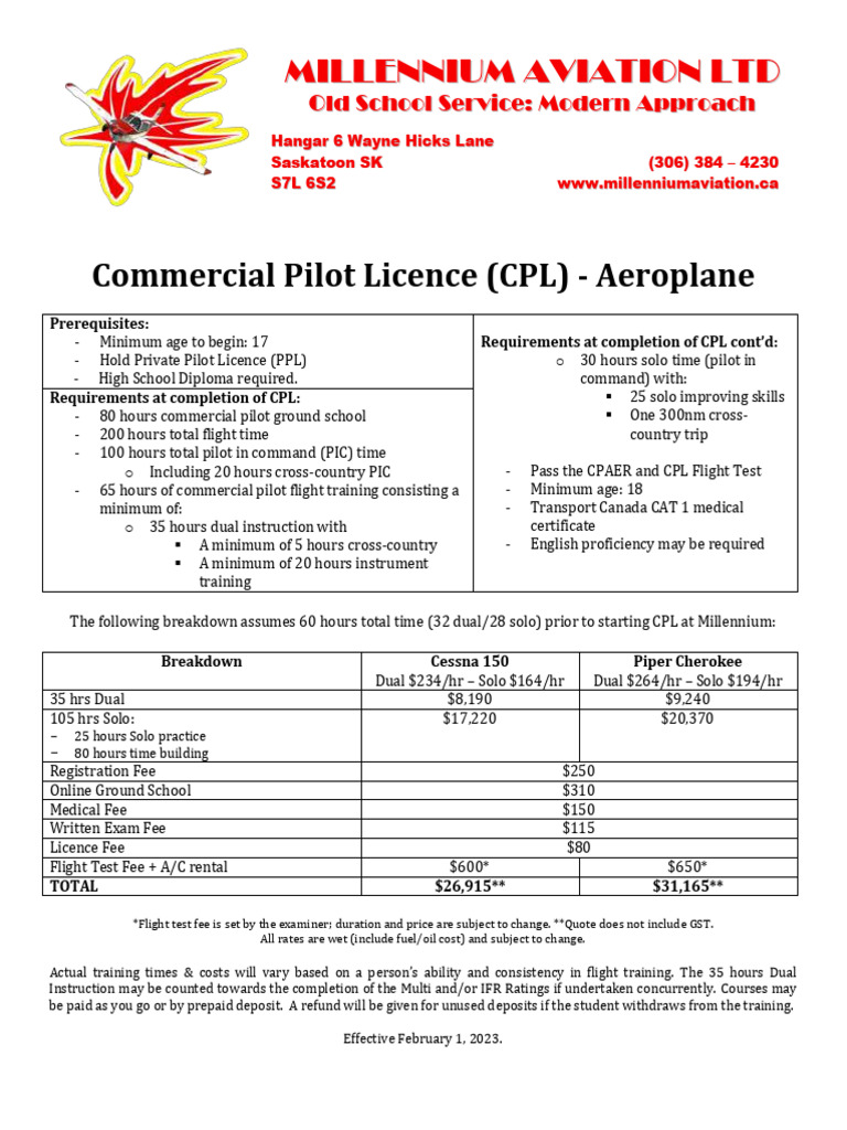 2023 CPL Cost Breakdown New | PDF | Aviation | Aeronautics