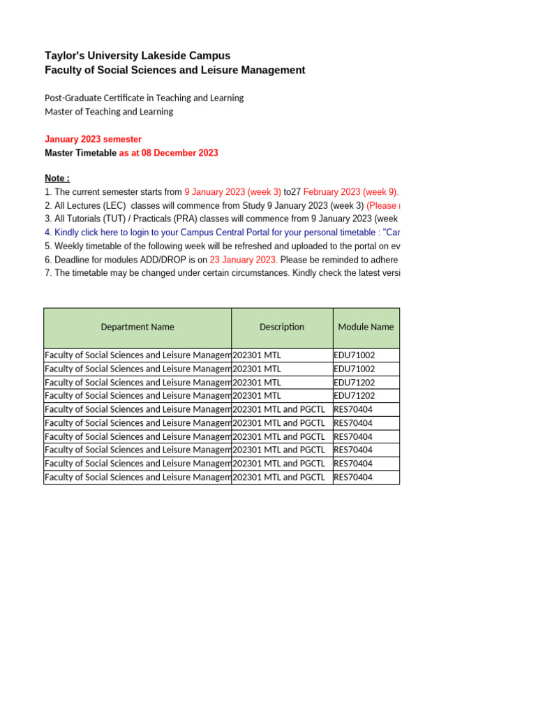 202301 MTL and PGCTL Master TT (V1.0) - 09.12.2022 | PDF