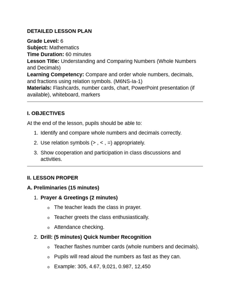 Grade 6 DETAILED LESSON PLAN | PDF | Lesson Plan | Numbers