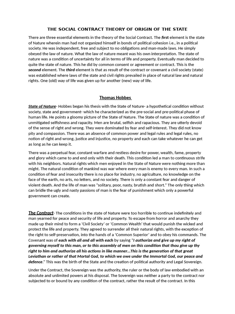 HOBBES SOCIAL CONTRACT THEORY OF ORIGIN OF THE STATE | PDF | Social ...