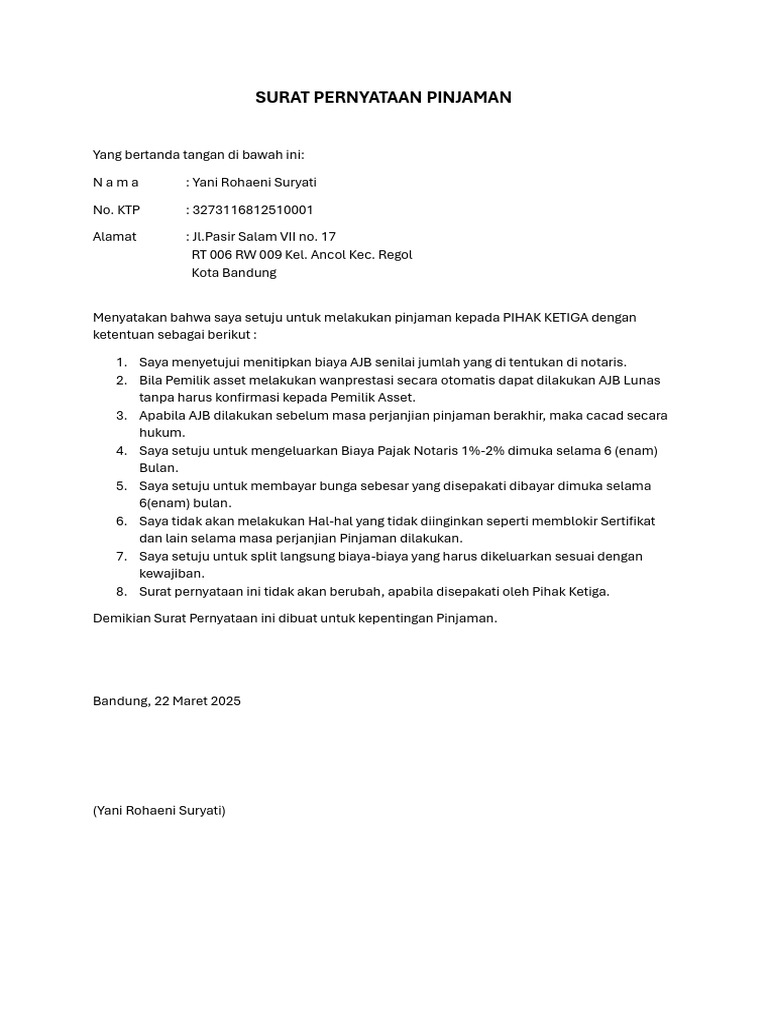 Surat Pernyataan Bu Yani | PDF