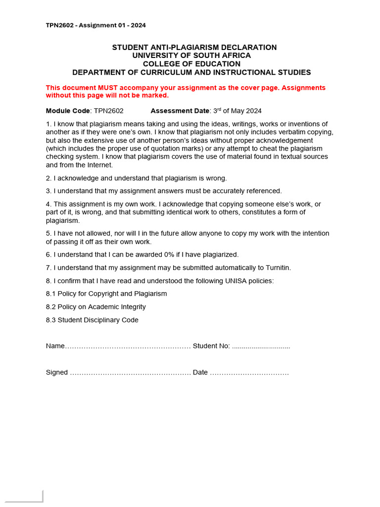 Assignment 01 - TPN2602 - 2024 | PDF | Plagiarism | Lesson Plan