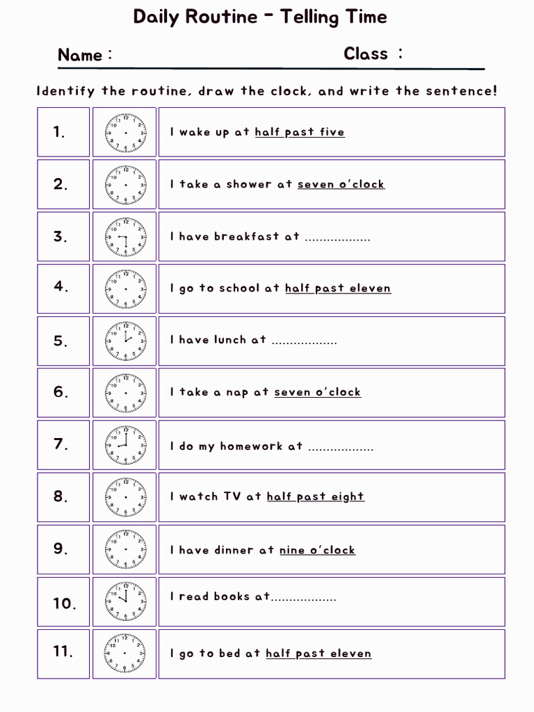 Telling Time English Worksheet in Simple Style. | PDF