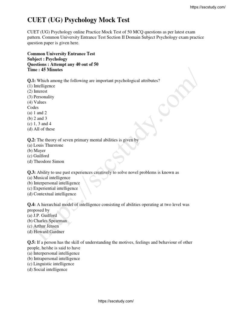 CUET UG Psychology Sample Paper 1 (Sscstudy - Com) | PDF | Phobia | Stress (Biology)