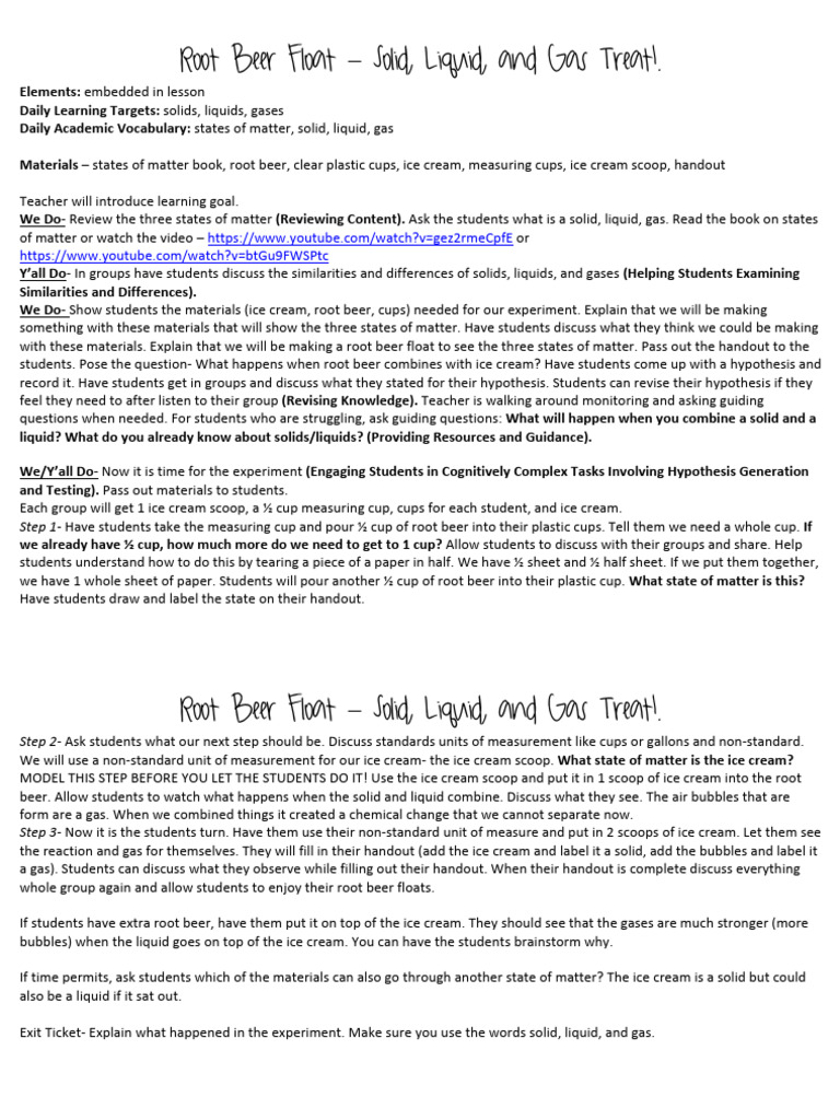 Root Beer Float States of Matter Lesson | PDF | Gases | Liquids