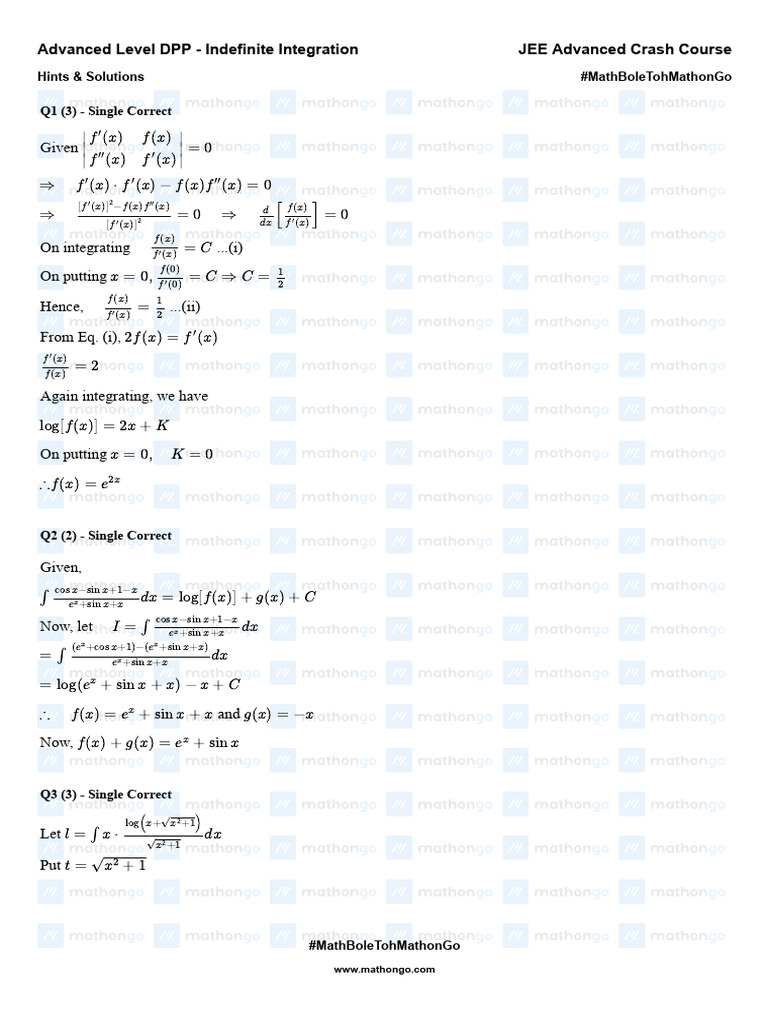 advanced_level_dpp_indefinite_integration_solution_mathongo | PDF | Mathematics