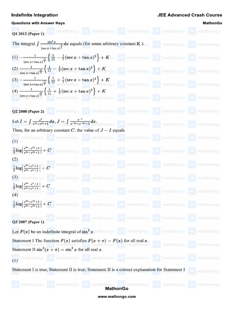 PYQ Indefinite Integration | PDF