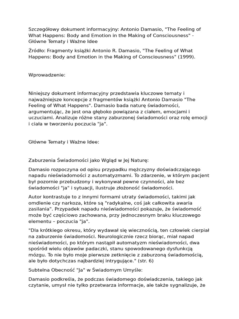 Antonio Damasio Streszczenie | PDF