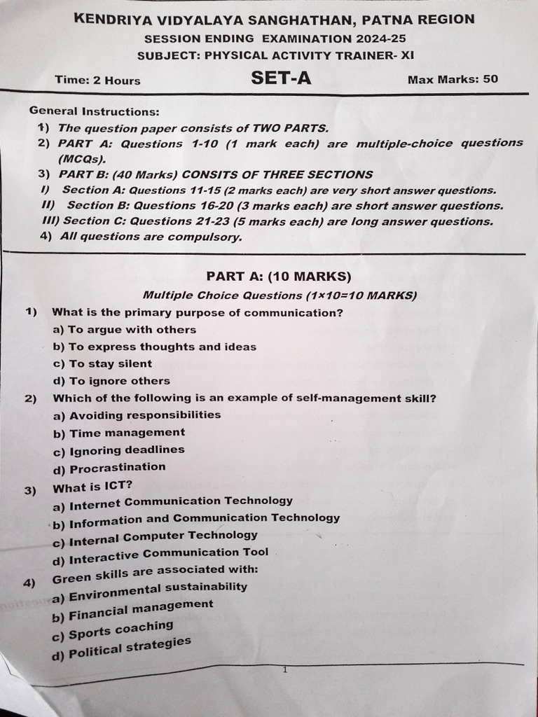 Class 11 PAT Physical Activity Trainer Exam | PDF