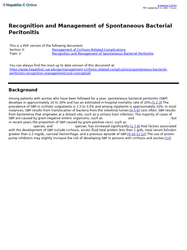 Spontaneous Bacterial Peritonitis Guide | PDF | Cirrhosis | Diseases ...
