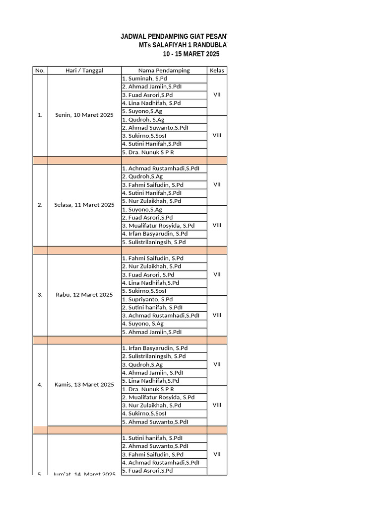 Jadwal Pendamping Pesantren Kilat 2025 | PDF