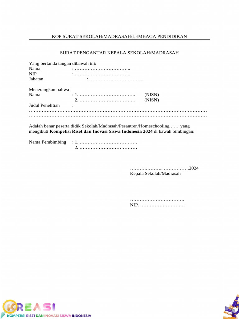 Template SURAT PENGANTAR KEPALA SEKOLAH - MADRASAH 2024 | PDF