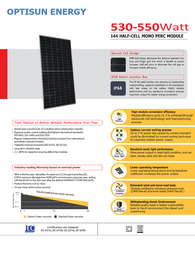 Optisun 550w Half-Cut Solar Panel Datasheet | PDF | Electricity | Electrical Engineering