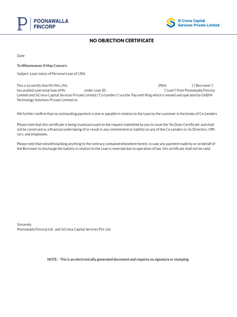 Poonawalla Fincorp No Objection Certificate | PDF