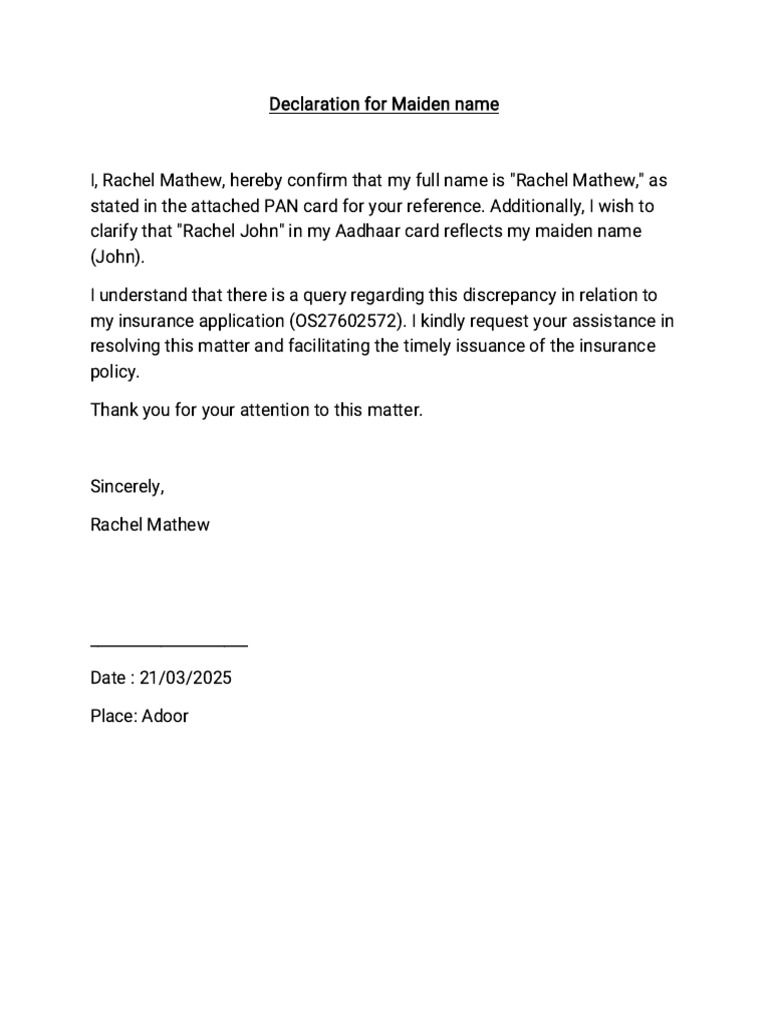 Maiden Name Decleration | PDF