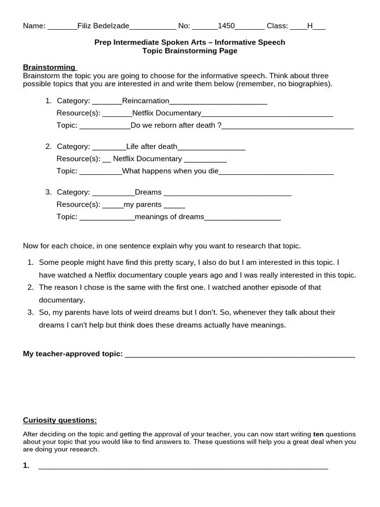 Informative Speech - Brainstorming and Curiosity Questions | PDF