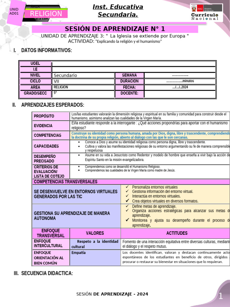 Sesion Religion 5° Sec-Semana 01 Uni 3 | PDF | Maestros | Aprendizaje